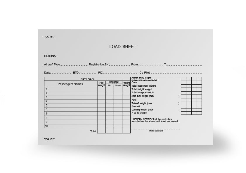 Load Sheets CAA 1317 | CAA Pilot Logbooks and Forms | Vertia